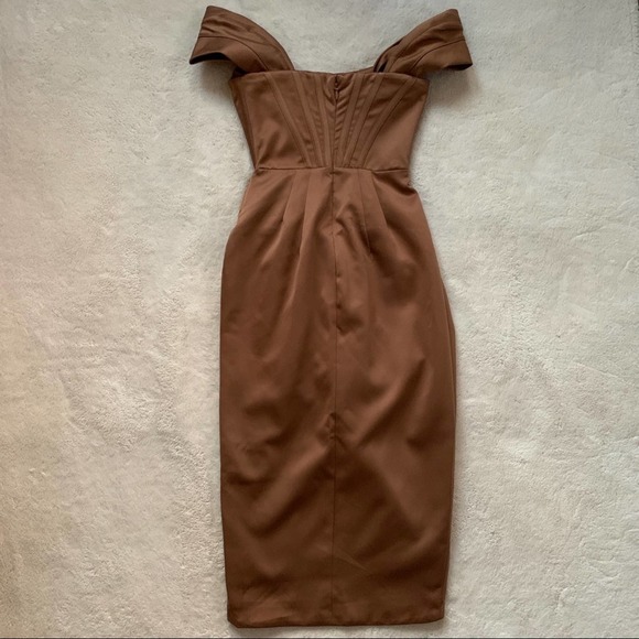 House of CB | Dresses | House Of Cb Loretta Brown Toffee Satin Off ...